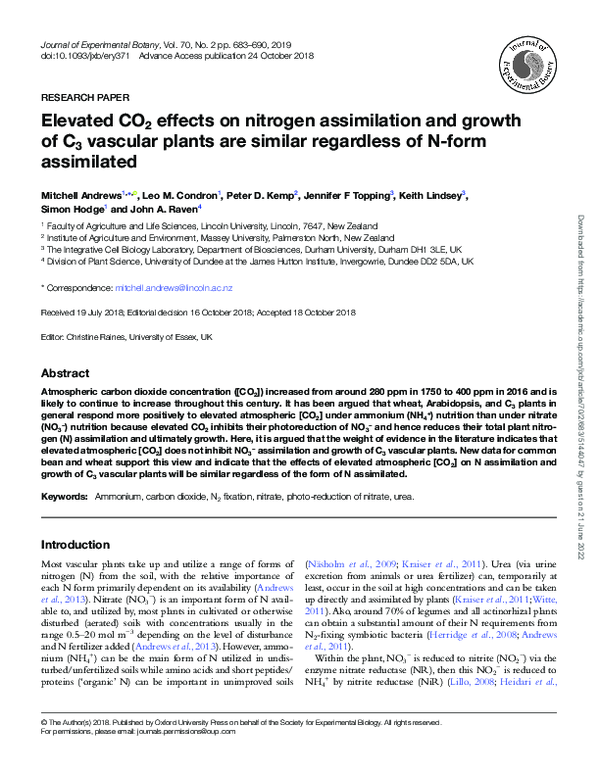 (PDF) Elevated CO2 effects on nitrogen assimilation and growth of C3 ...