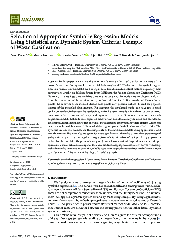 Pdf Selection Of Appropriate Symbolic Regression Models Using Statistical And Dynamic System
