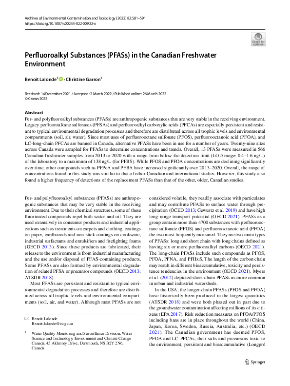 (PDF) Perfluoroalkyl Substances (PFASs) in the Canadian Freshwater ...