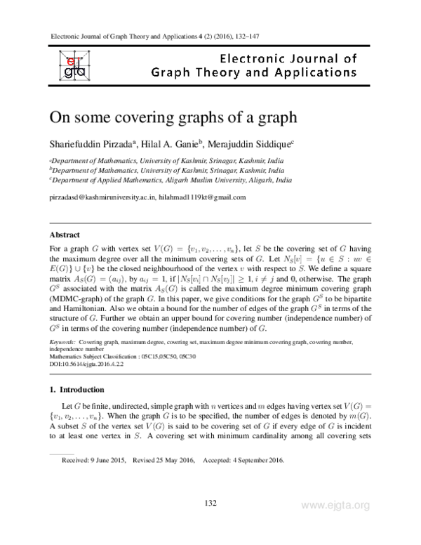 (PDF) On some covering graphs of a graph | Hilal A . Ganie - Academia.edu