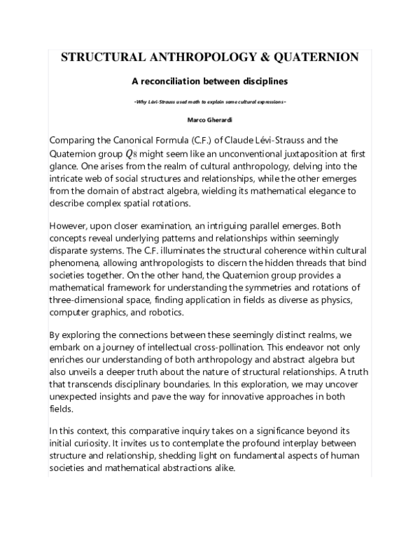 (PDF) STRUCTURAL ANTHROPOLOGY & QUATERNION A reconciliation between ...