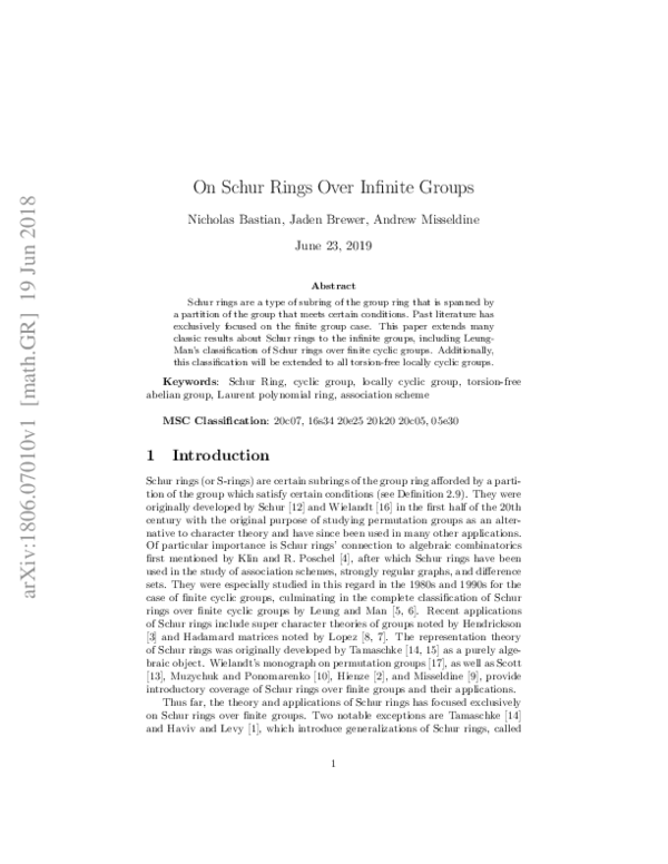 (PDF) On Schur Rings over Infinite Groups