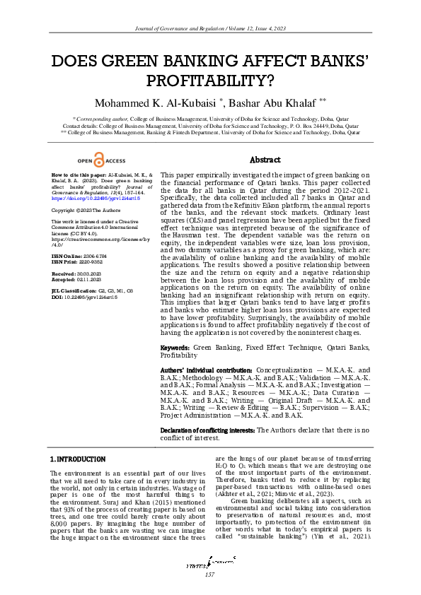 (PDF) Does green banking affect banks’ profitability?