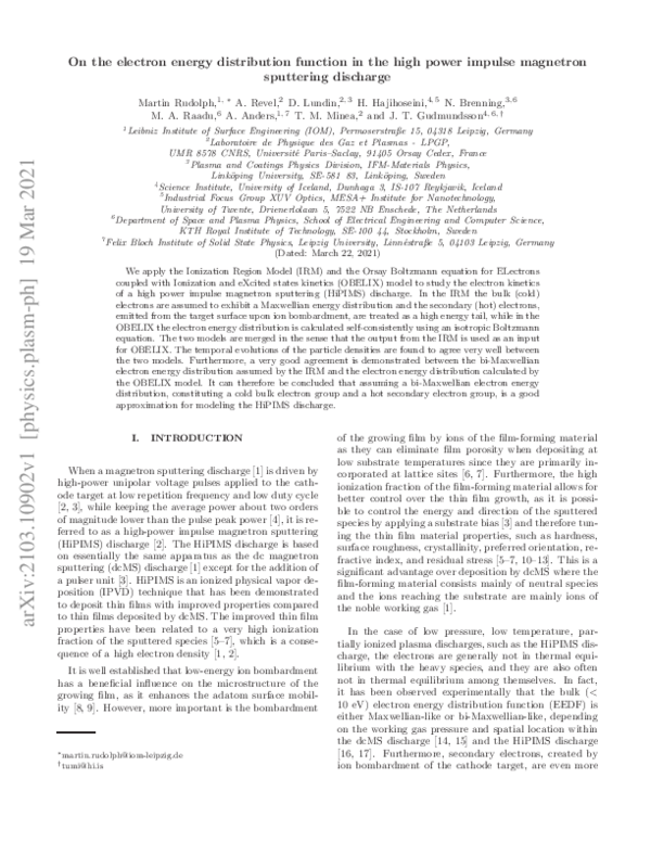 (PDF) On the electron energy distribution function in the high power impulse magnetron ...