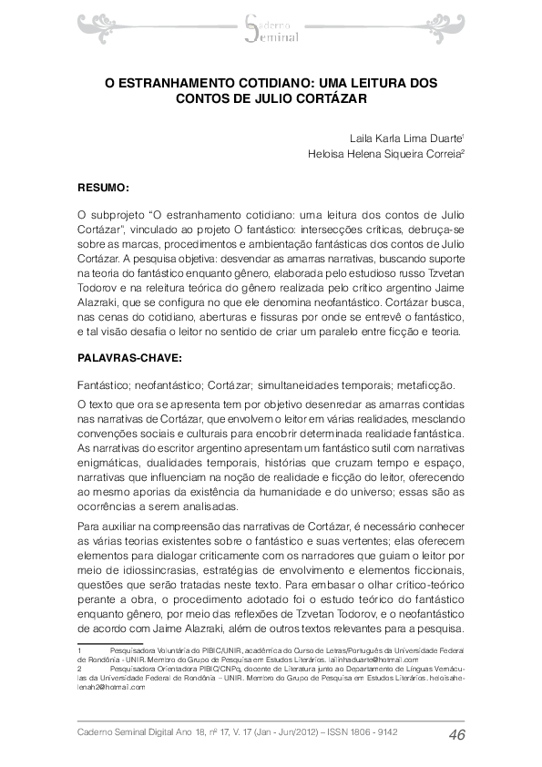 (PDF) O estranhamento cotidiano: uma leitura dos contos de Julio ...