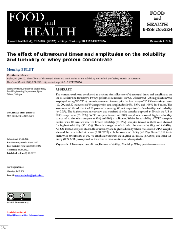 (PDF) The effect of ultrasound times and amplitudes on the solubility and turbidity of whey ...
