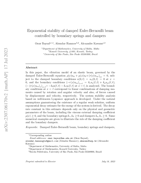 (PDF) Exponential stability of damped Euler-Bernoulli beam controlled by boundary springs and ...