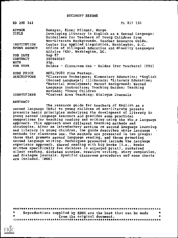 (PDF) Developing literacy in English as a second language: Guidelines ...