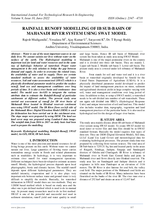(PDF) Rainfall Runoff Modelling of Ib Sub-Basin of Mahanadi River System Using Swat Model