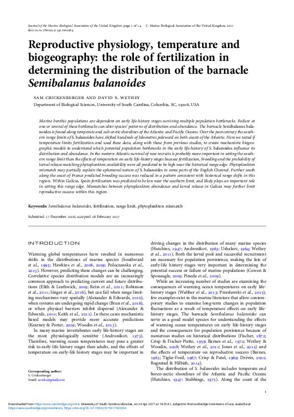(PDF) Reproductive physiology, temperature and biogeography: the role ...