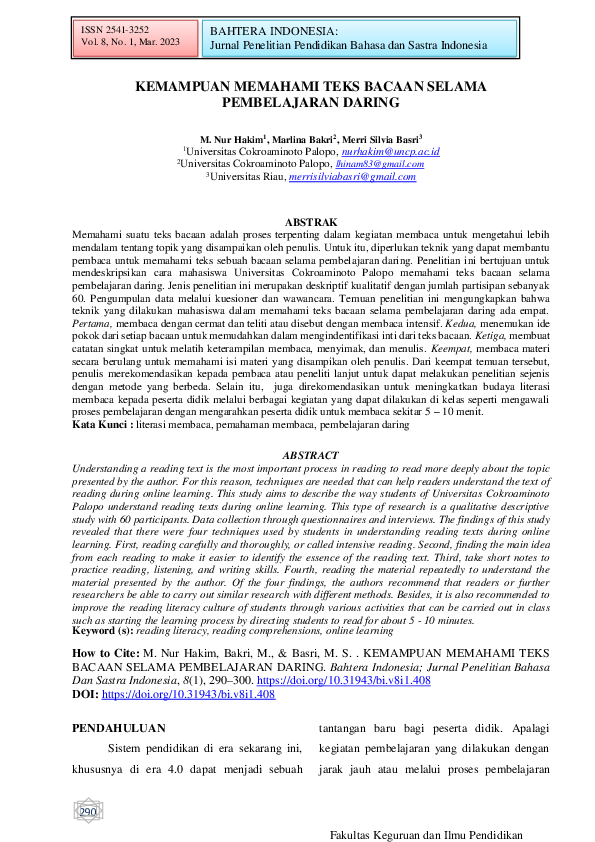 (PDF) Kemampuan Memahami Teks Bacaan Selama Pembelajaran Daring