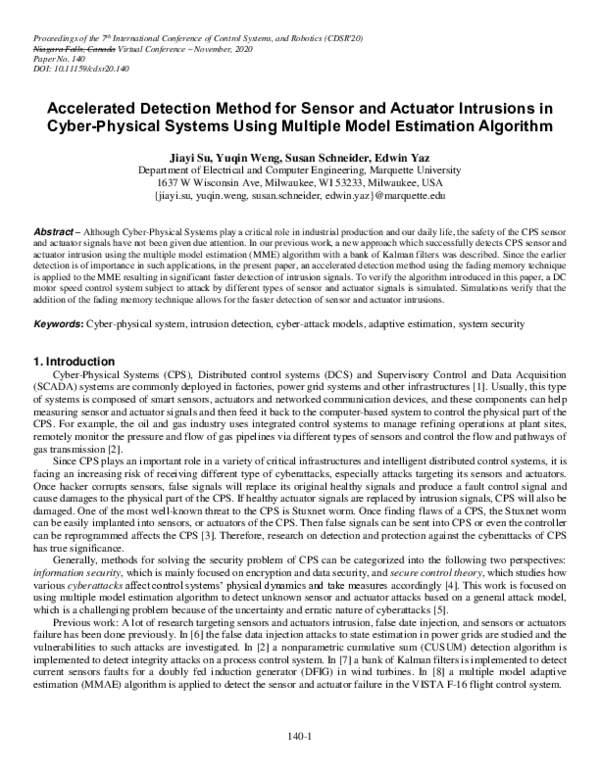 (PDF) Accelerated Detection Method for Sensor and Actuator Intrusions ...
