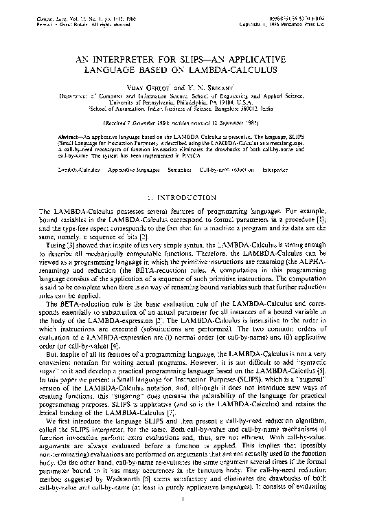 (PDF) An interpreter for slips—An applicative language based on LAMBDA-Calculus