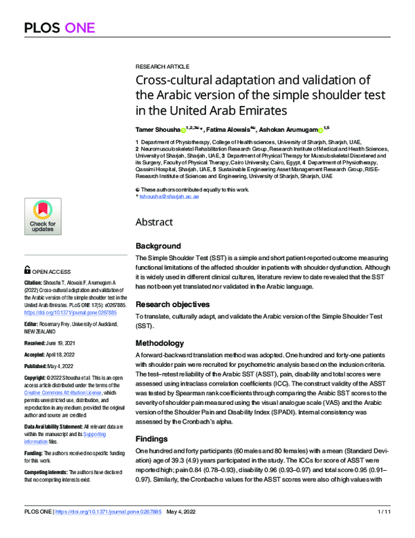 Pdf Cross Cultural Adaptation And Validation Of The Arabic Version Of The Simple Shoulder Test