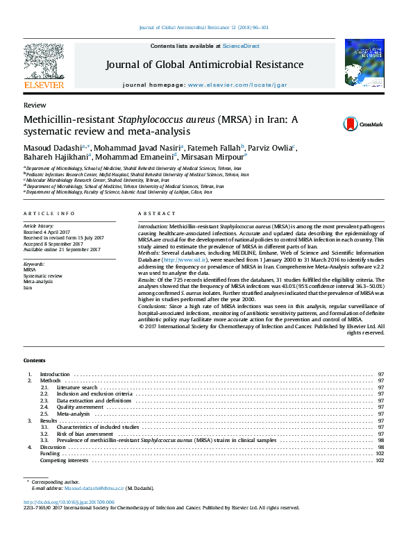 (PDF) Methicillin-resistant Staphylococcus aureus (MRSA) in Iran: A systematic review and meta ...