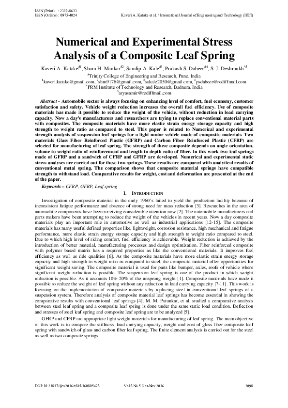 (PDF) Numerical and Experimental Stress Analysis of a Composite Leaf Spring