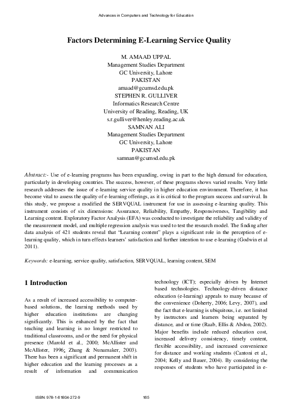 (PDF) Factors determining e-learning service quality