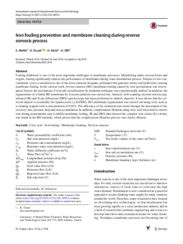 (PDF) Iron fouling prevention and membrane cleaning during reverse osmosis process
