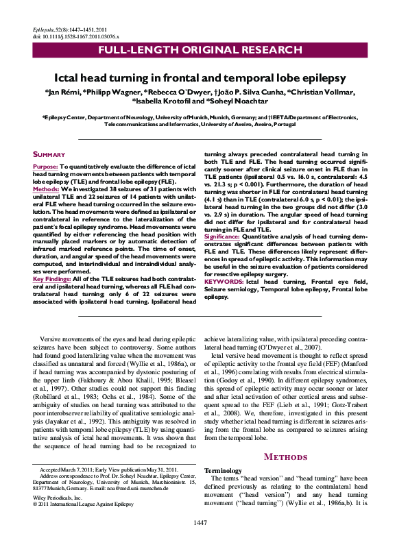 (PDF) Ictal head turning in frontal and temporal lobe epilepsy