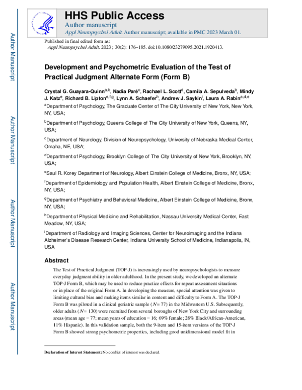 (PDF) Development and psychometric evaluation of the Test of Practical ...