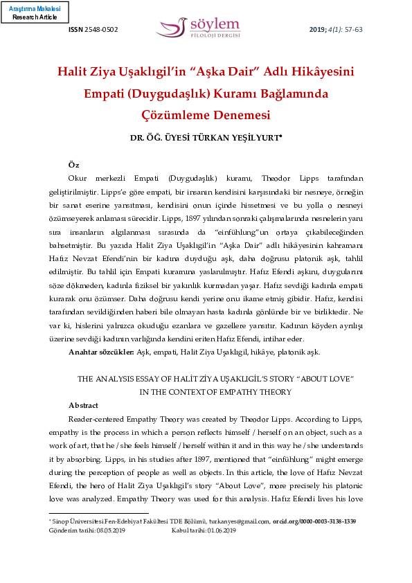 (PDF) The Analysis Essay of Halit Ziya Uşaklıgil's Story "About Love" in The Context of Empathy ...