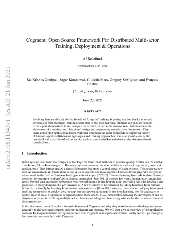 Pdf Cogment Open Source Framework For Distributed Multi Actor Training Deployment