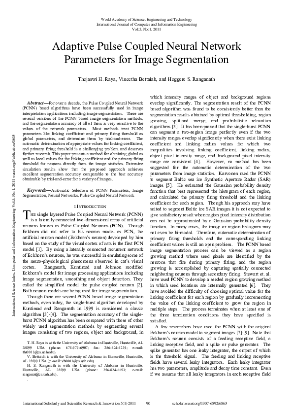 Pdf Adaptive Pulse Coupled Neural Network Parameters For Image Segmentation Vineetha