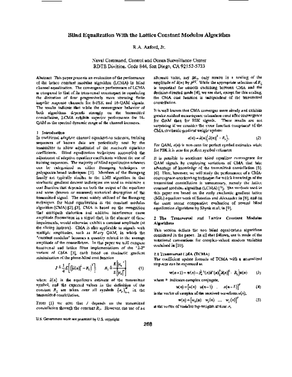(PDF) Blind equalization with the lattice constant modulus algorithm