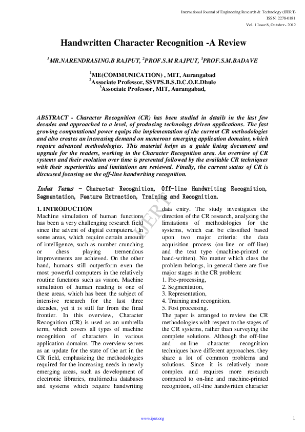 (PDF) Handwritten Character Recognition -A Review