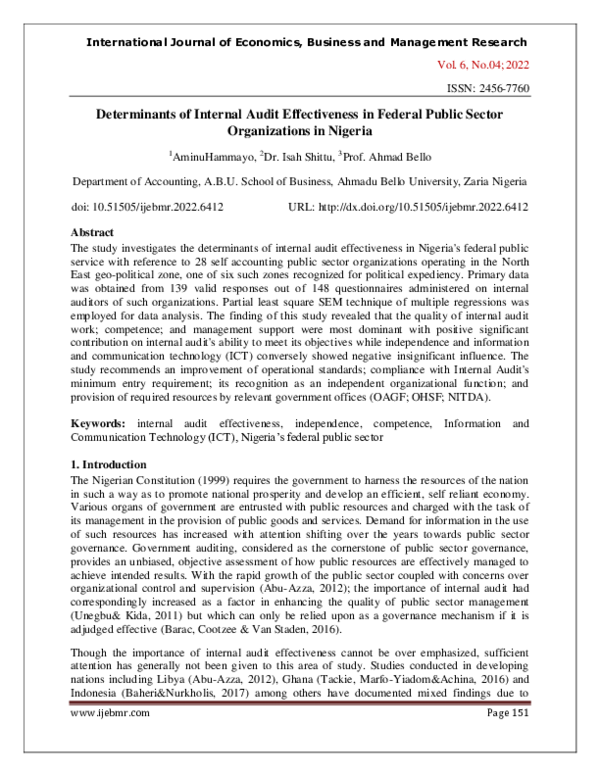 (PDF) Determinants of Internal Audit Effectiveness in Federal Public Sector Organizations in Nigeria