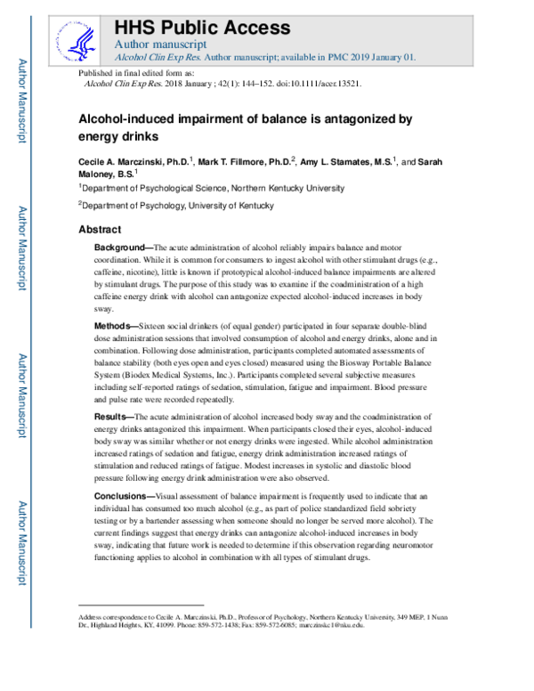 (PDF) Alcohol-Induced Impairment of Balance is Antagonized by Energy Drinks