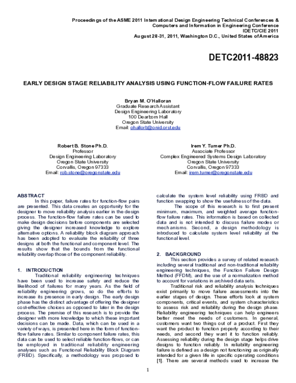 Pdf Early Design Stage Reliability Analysis Using Function Flow