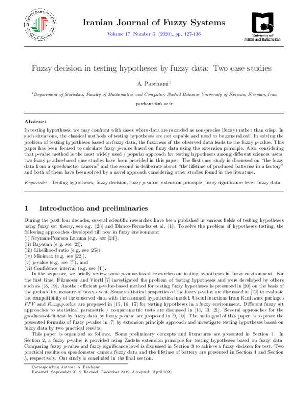 (PDF) Fuzzy decision in testing hypotheses by fuzzy data: Two case studies