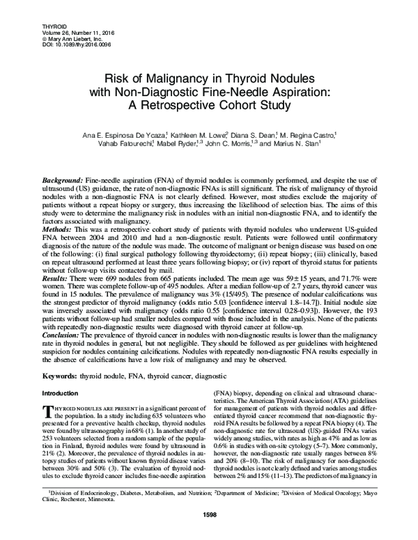 (PDF) Risk of Malignancy in Thyroid Nodules with Non-diagnostic Fine Needle Aspiration: A ...