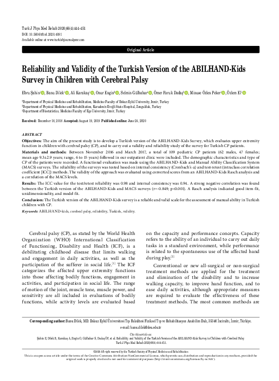 (PDF) Reliability and Validity of the Turkish Version of the ABILHAND ...