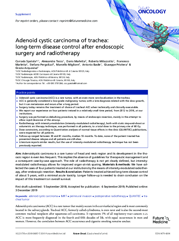 (PDF) Adenoid cystic carcinoma of trachea: long-term disease control ...