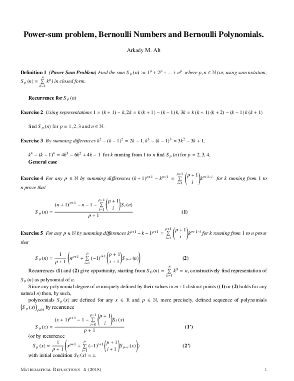 (PDF) Power-sum problem, Bernoulli Numbers and Bernoulli Polynomials