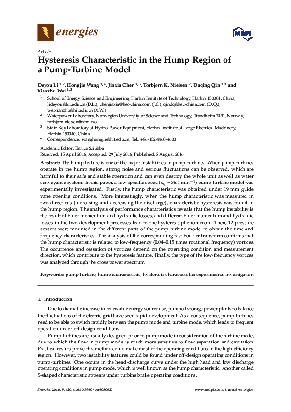(PDF) Hysteresis Characteristic in Hump Region of a Pump-Turbine Model