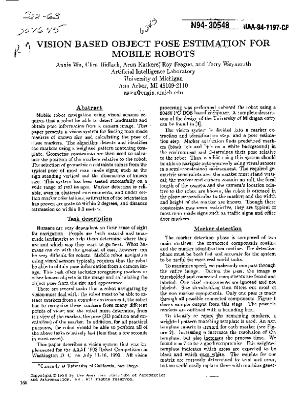 (PDF) Vision based object pose estimation for mobile robots | Roy ...