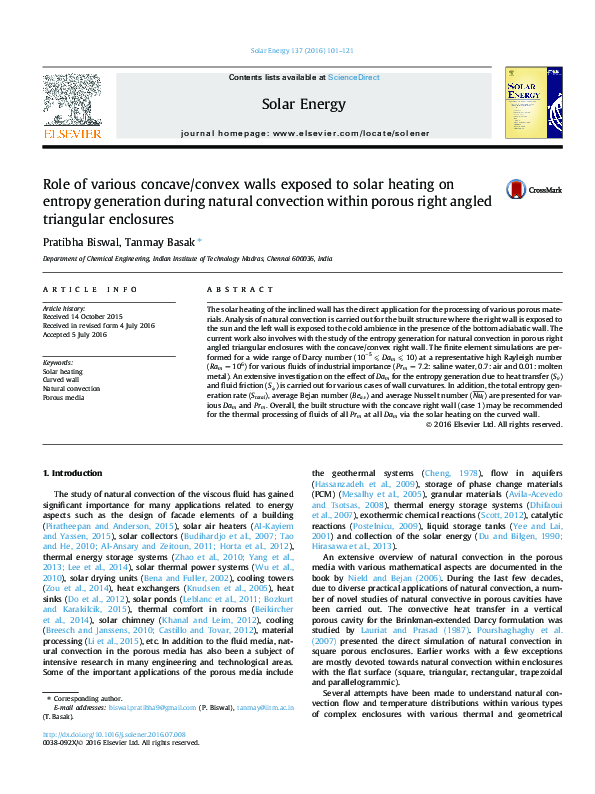 Pdf Role Of Various Concave Convex Walls Exposed To Solar Heating On Entropy Generation During