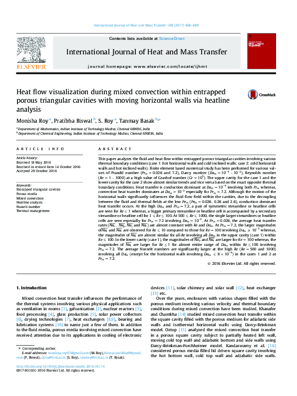 Heat flow visualization during mixed convection within entrapped porous triangular cavities with ...