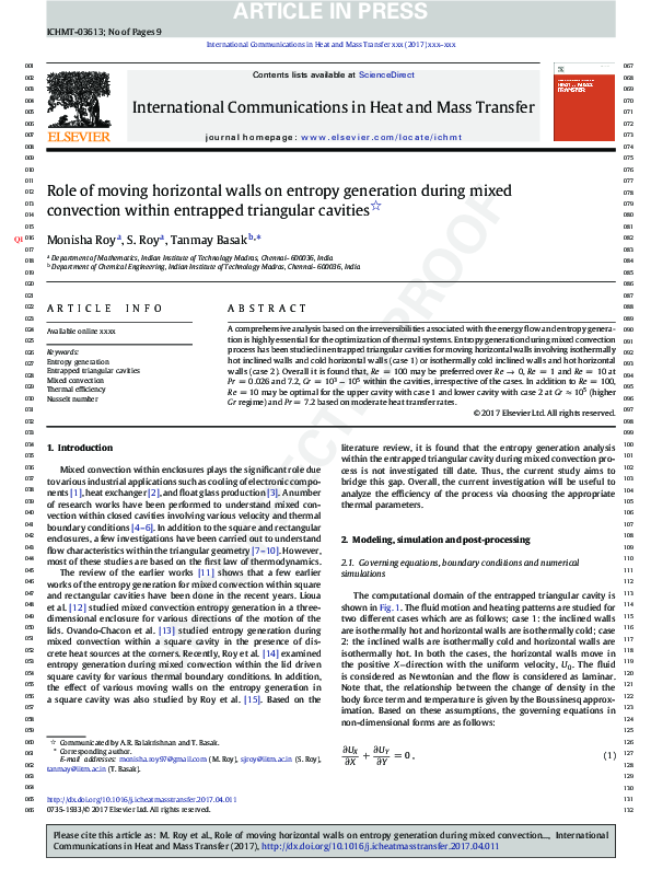 Pdf Role Of Moving Horizontal Walls On Entropy Generation During Mixed Convection Within