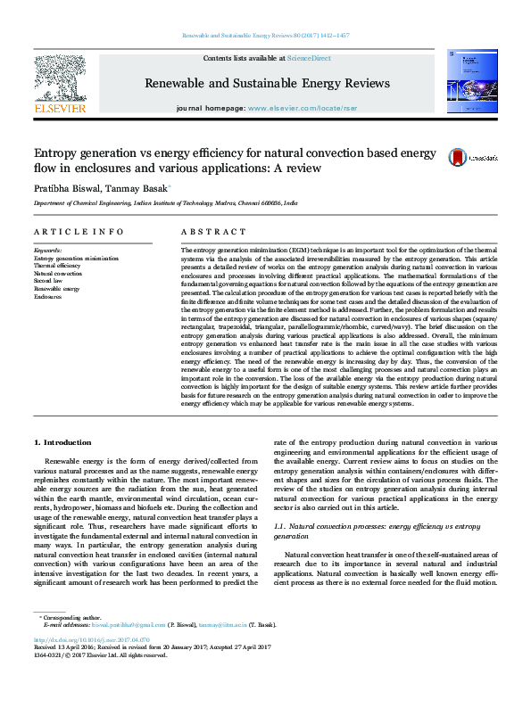 Pdf Entropy Generation Vs Energy Efficiency For Natural Convection