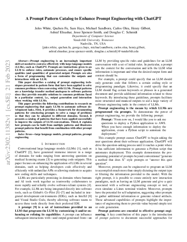 (PDF) A Prompt Pattern Catalog to Enhance Prompt Engineering with ChatGPT
