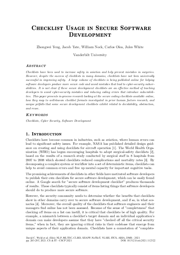 (PDF) Checklist Usage in Secure Software Development