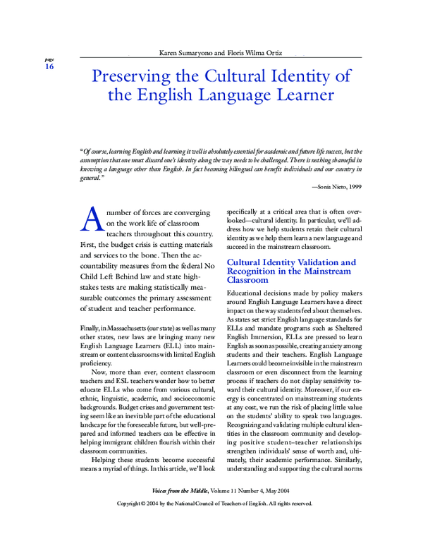 (PDF) Preserving the Cultural Identity of the English Language Learner