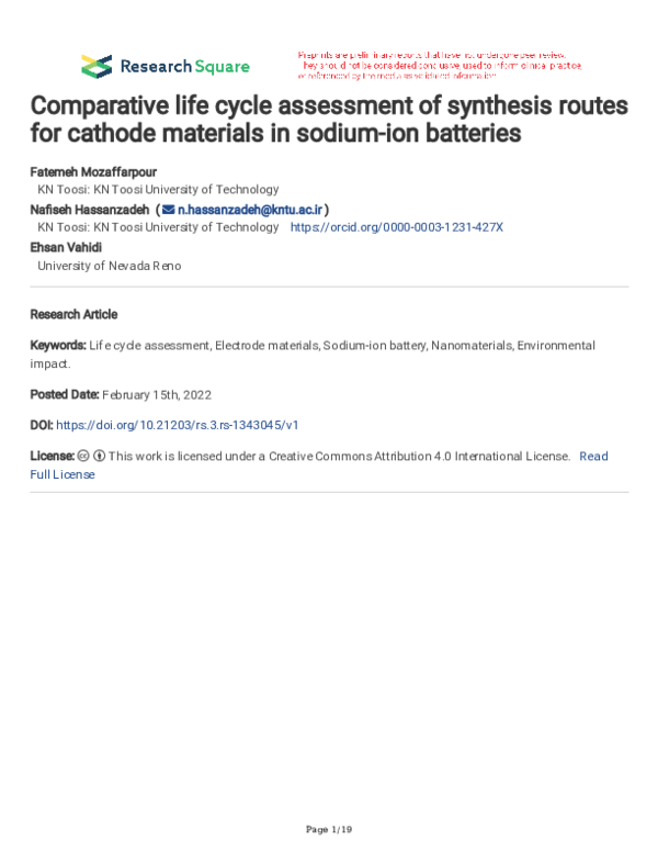 (PDF) Comparative life cycle assessment of synthesis routes for cathode ...