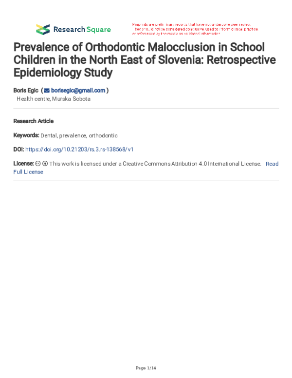 (PDF) Prevalence of Orthodontic Malocclusion in School Children in the ...