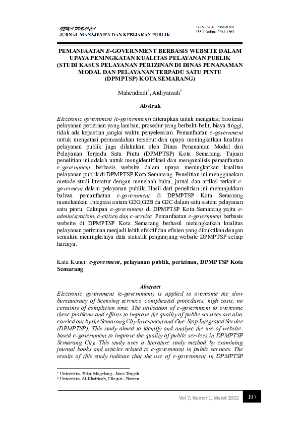 (PDF) Pemanfaatan E-Government Berbasis Website Dalam Upaya Peningkatan Kualitas Pelayanan ...