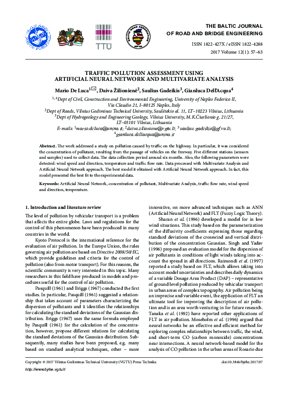 (PDF) Traffic Pollution Assessment Using Artificial Neural Network and Multivariate Analysis
